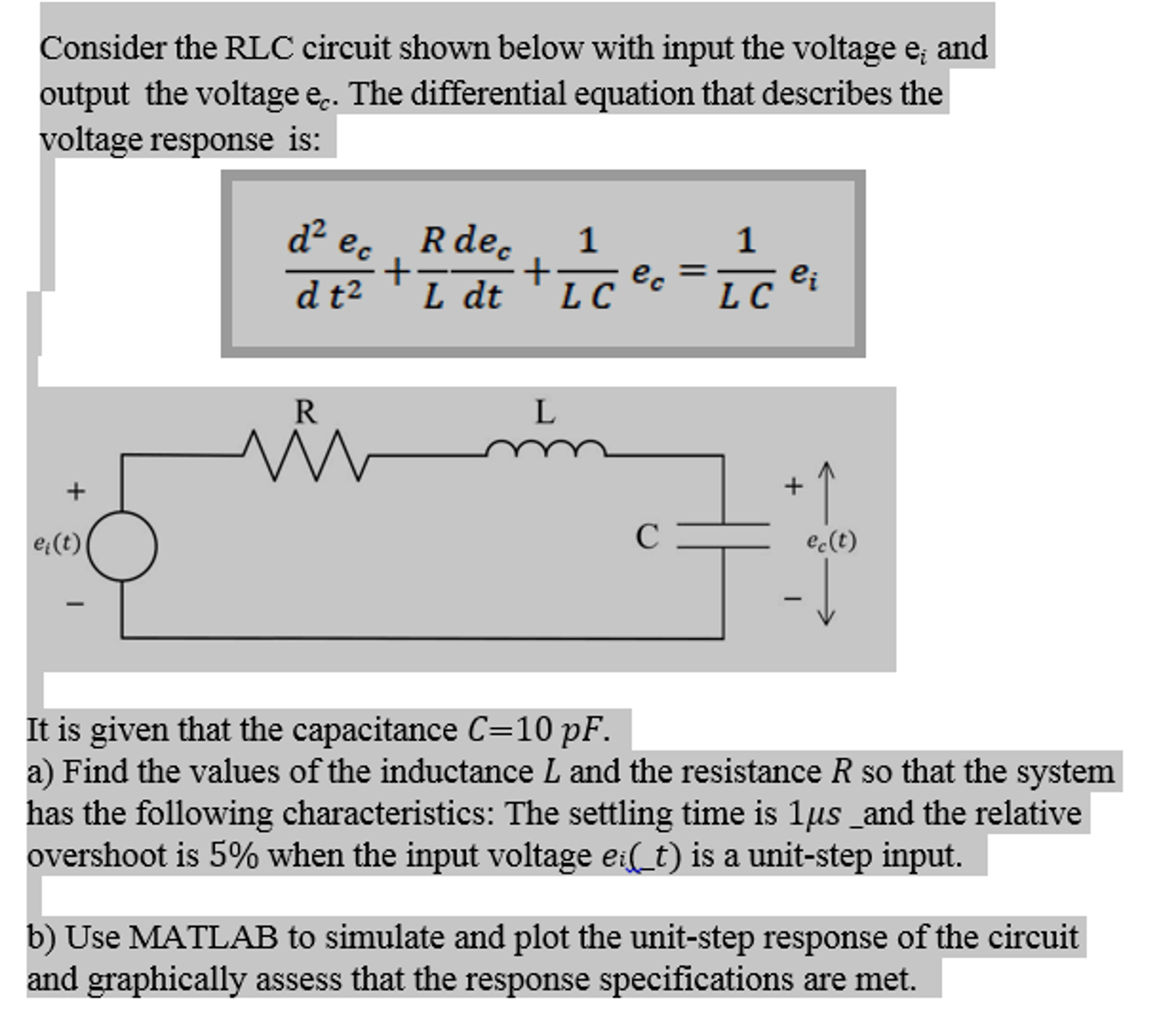 Solved Consider The Rlc Circuit Shown In The Figure Below Chegg Com