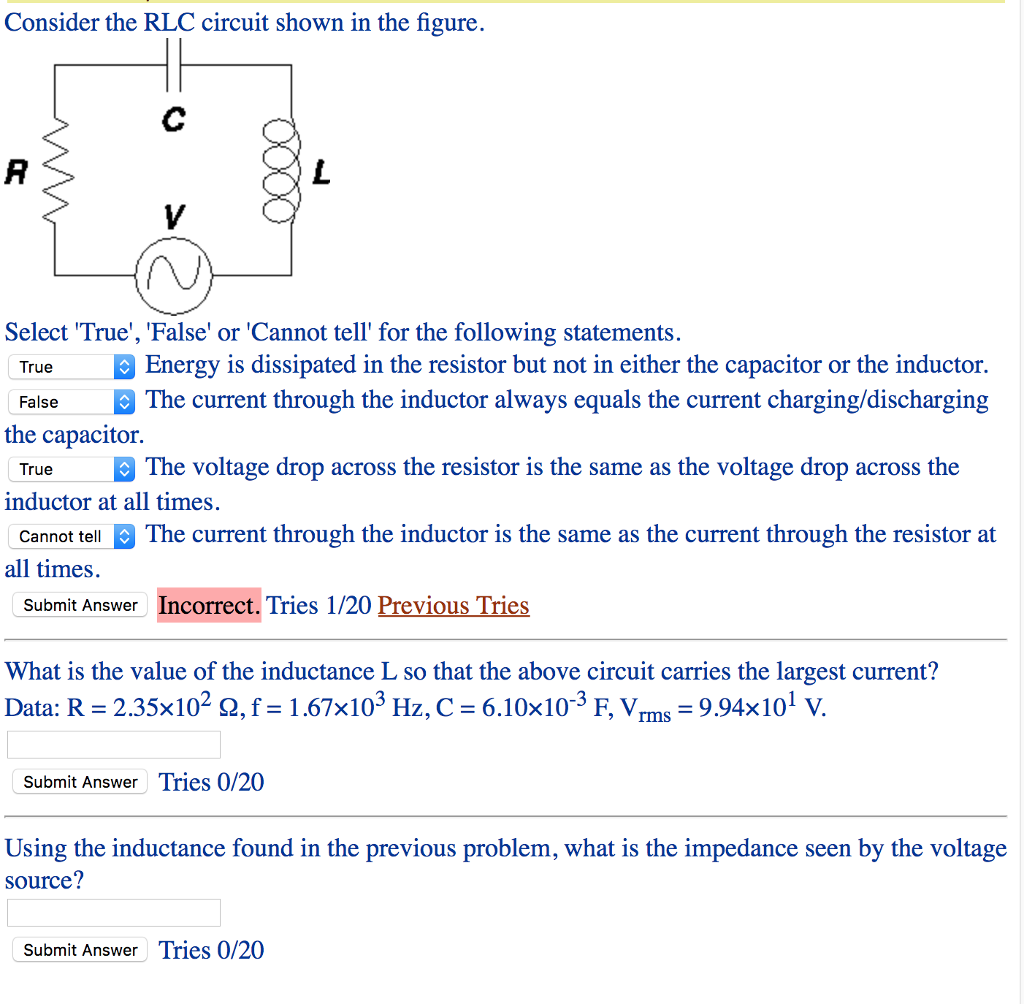 Solved Consider The Rlc Circuit Shown In The Figure Select