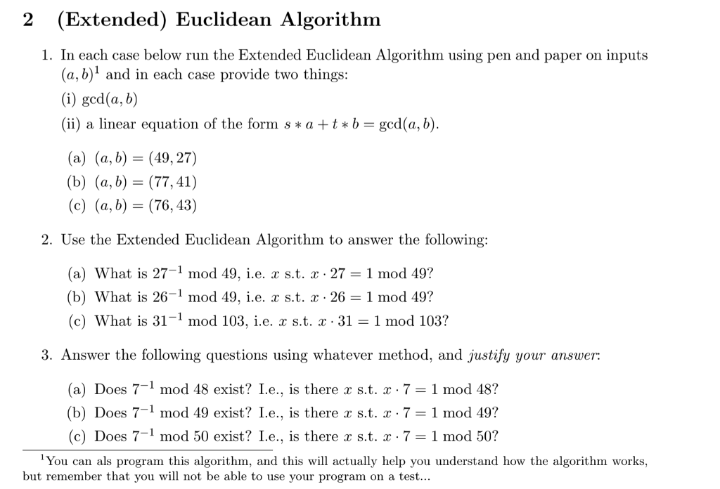 Solved 2 Extended Euclidean Algorithm 1 In Each Case