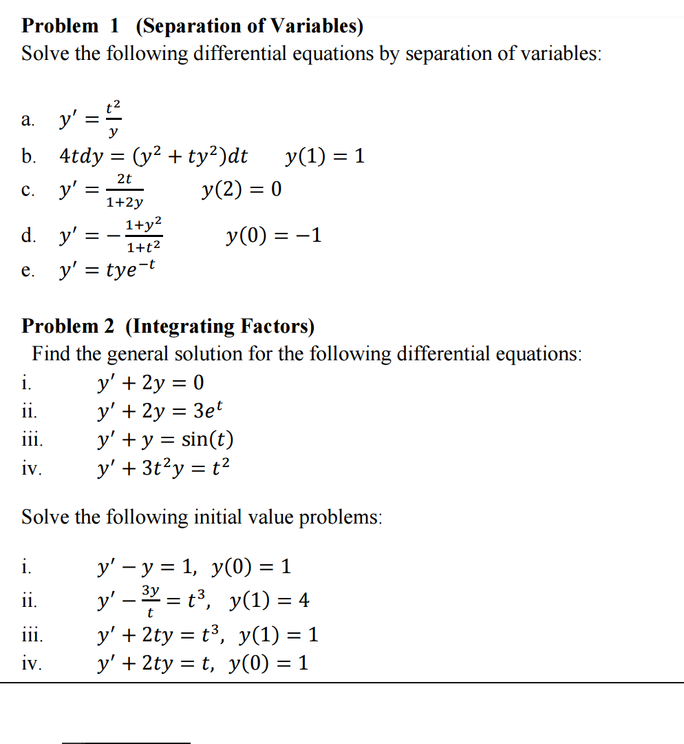 Solved Solve The Following Differential Equations By