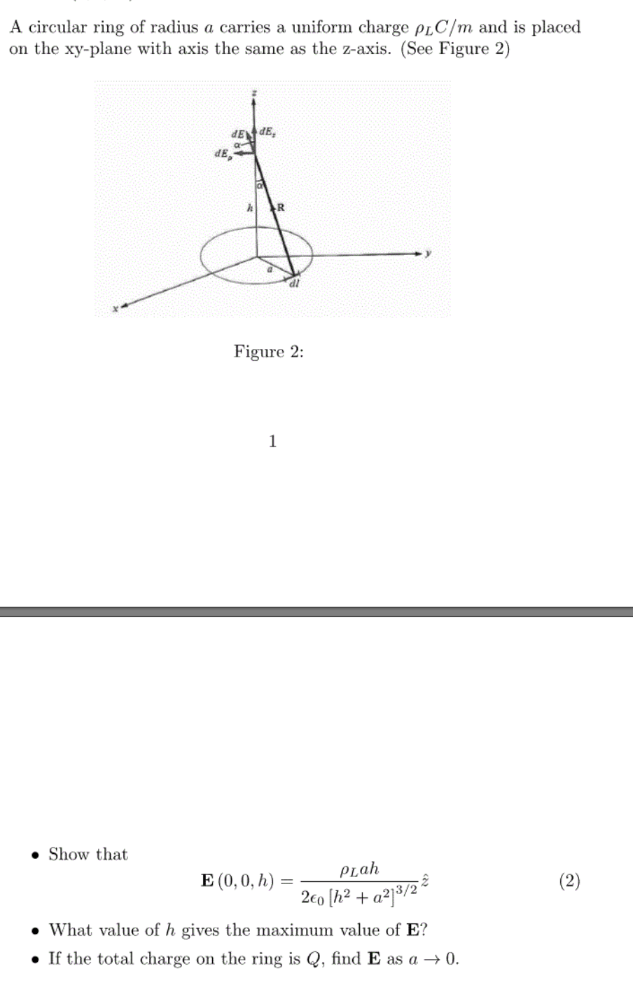 Solved A Circular Ring Of Radius A Carries A Uniform Charge