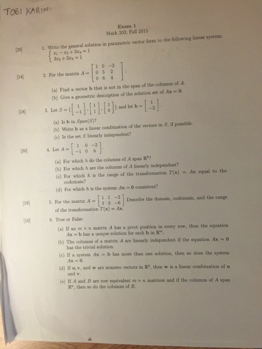 Solved Write The General Solution In Parametric Vector Form