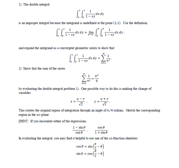 Solved 1 The Double Integral 1 1 Dx Dy Jo 1 Xy Is An