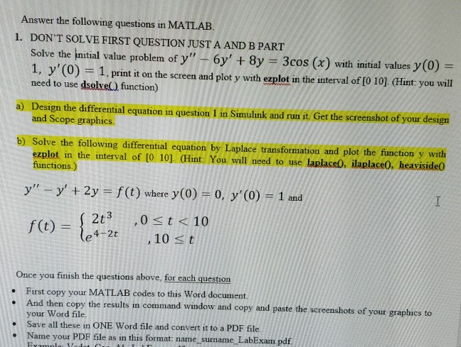 Solved Answer The Following Questions In Matlab 1 Dont