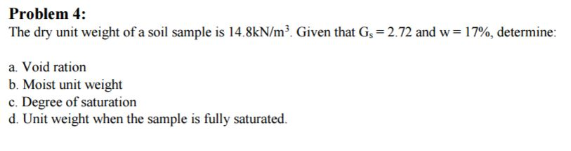 Solved The Dry Unit Weight Of A Soil Sample Is 148 Knm3