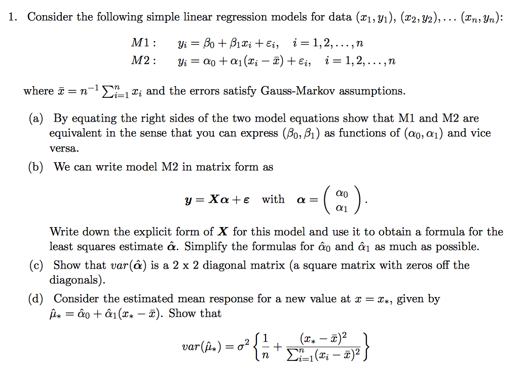 Solved Consider The Following Simple Linear Regression