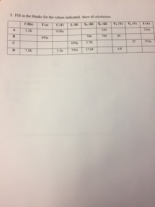 Solved Fill In The Blanks For The Values Indicated Show All