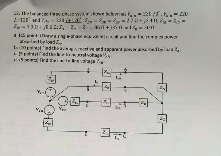 Solved The Balanced Three Phase System Shown Below Has Van