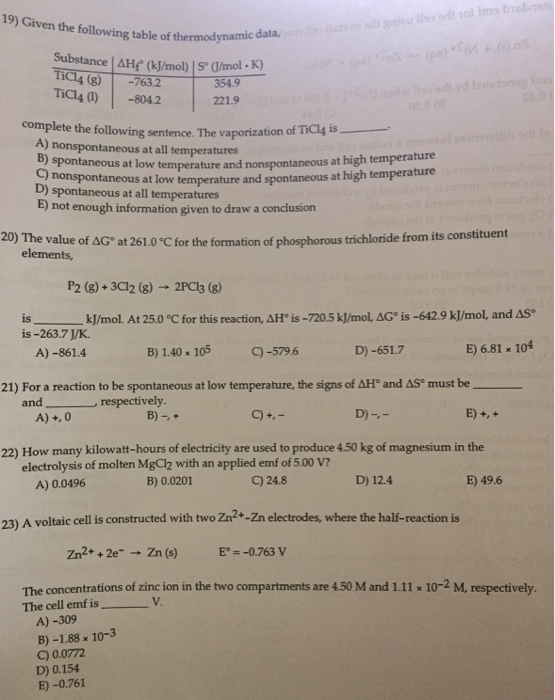 Solved Given The Following Table Of Thermodynamic Data