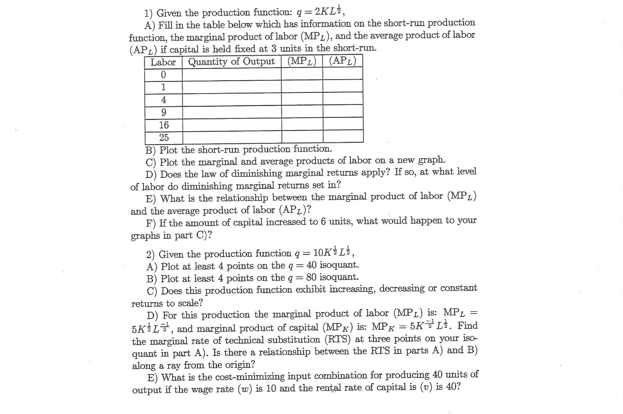 Solved Given The Production Function Q 2kl12 Fill In