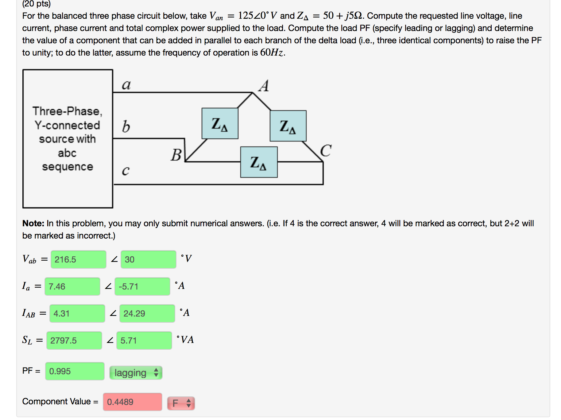 Solved For The Balanced Three Phase Circuit Below Take Van