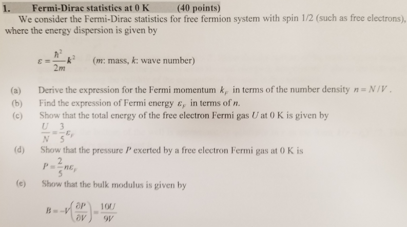 Solved 40 Points Fermi Dirac Statistics At 0 K We Consider