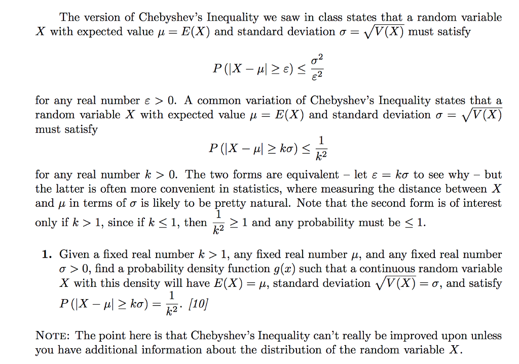 Solved The Version Of Chebyshevs Inequality We Saw In Class