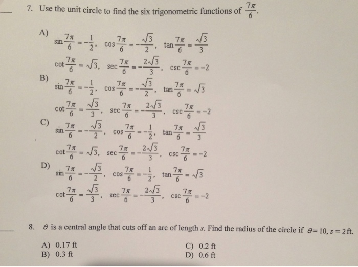 Solved Use The Unit Circle To Find The Six Trigonometric