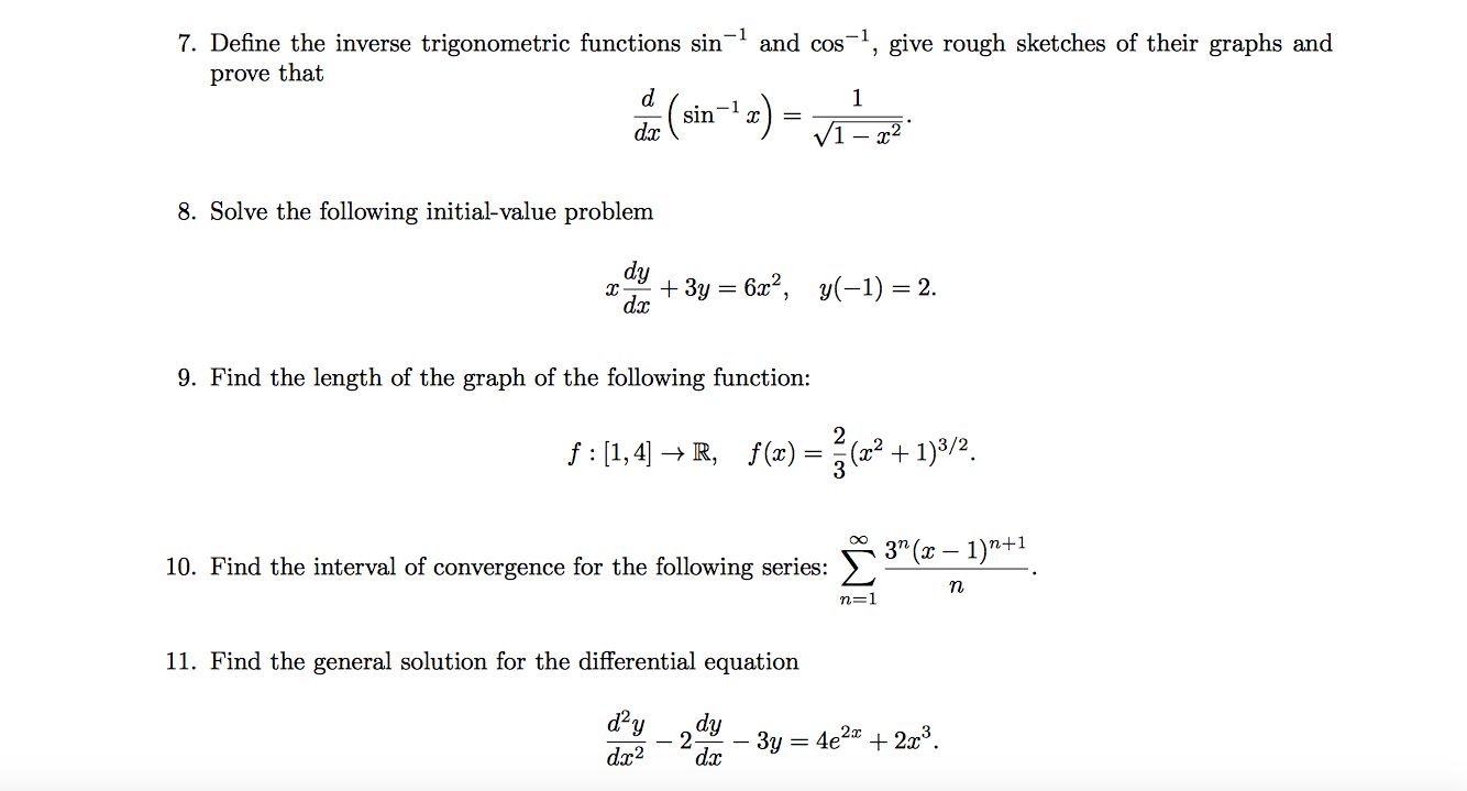 Solved Define The Inverse Trigonometric Functions Sin And