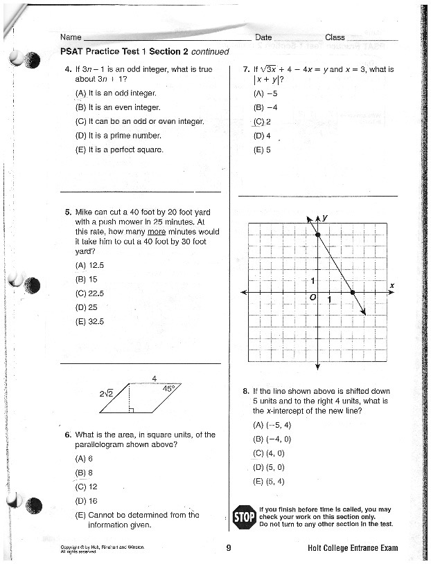 Psat Practice Test 1 Answers Psat Practice Test Section Clas