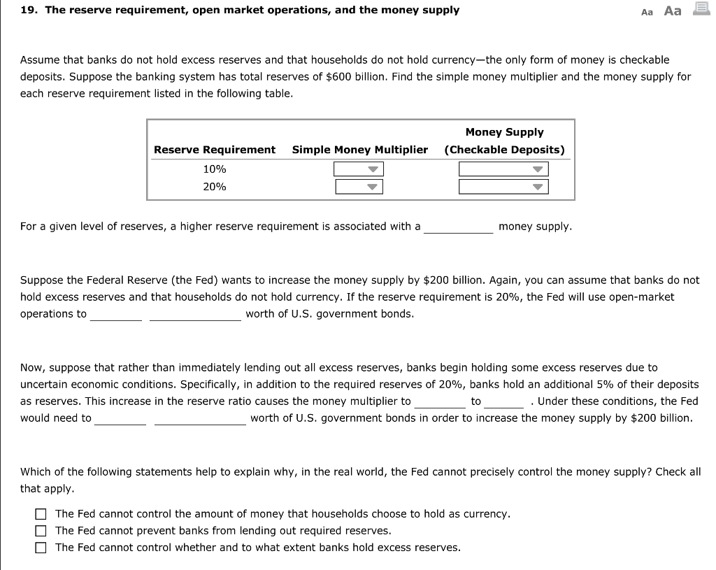 Solved 19 The Reserve Requirement Open Market Operations