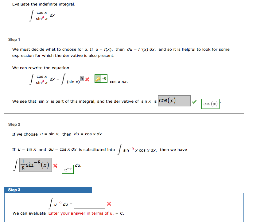 Solved Evaluate The Indefinite Integral Cos X Dx Sin Step 1