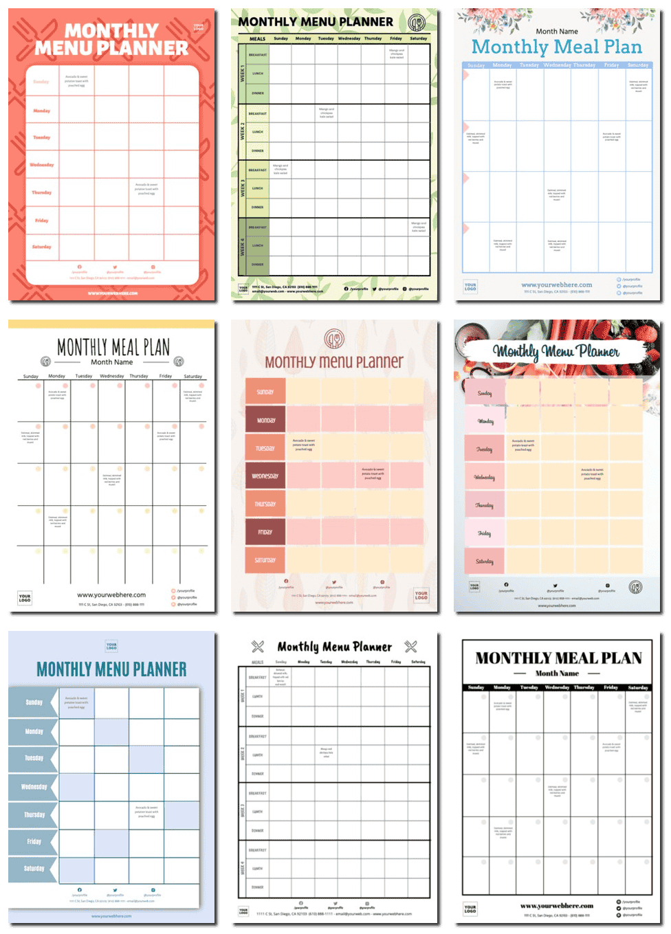 Monthly Meal Plan Templates