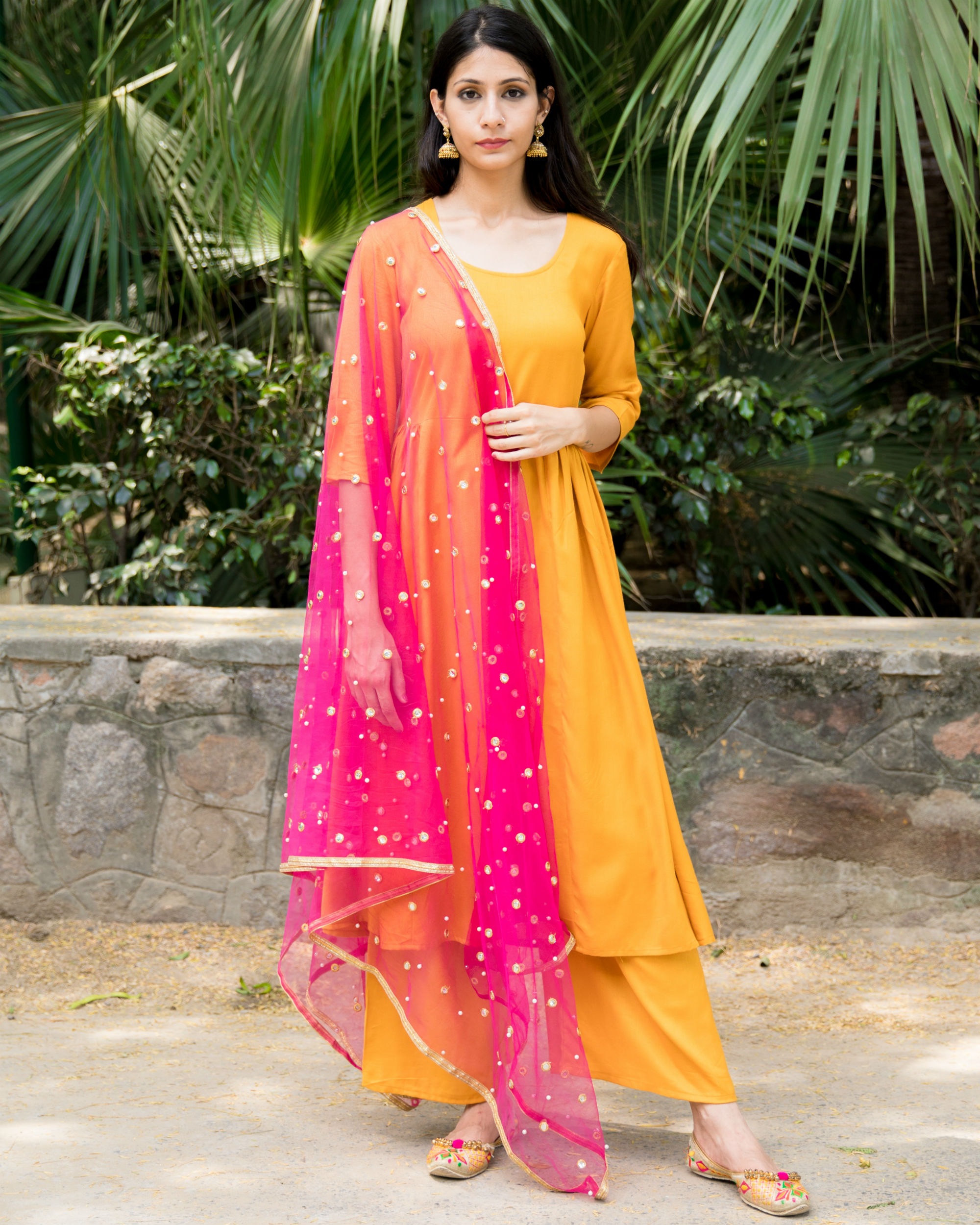 Mustard Kurta Set With Pink Dupatta By Empress Pitara The Secret Label