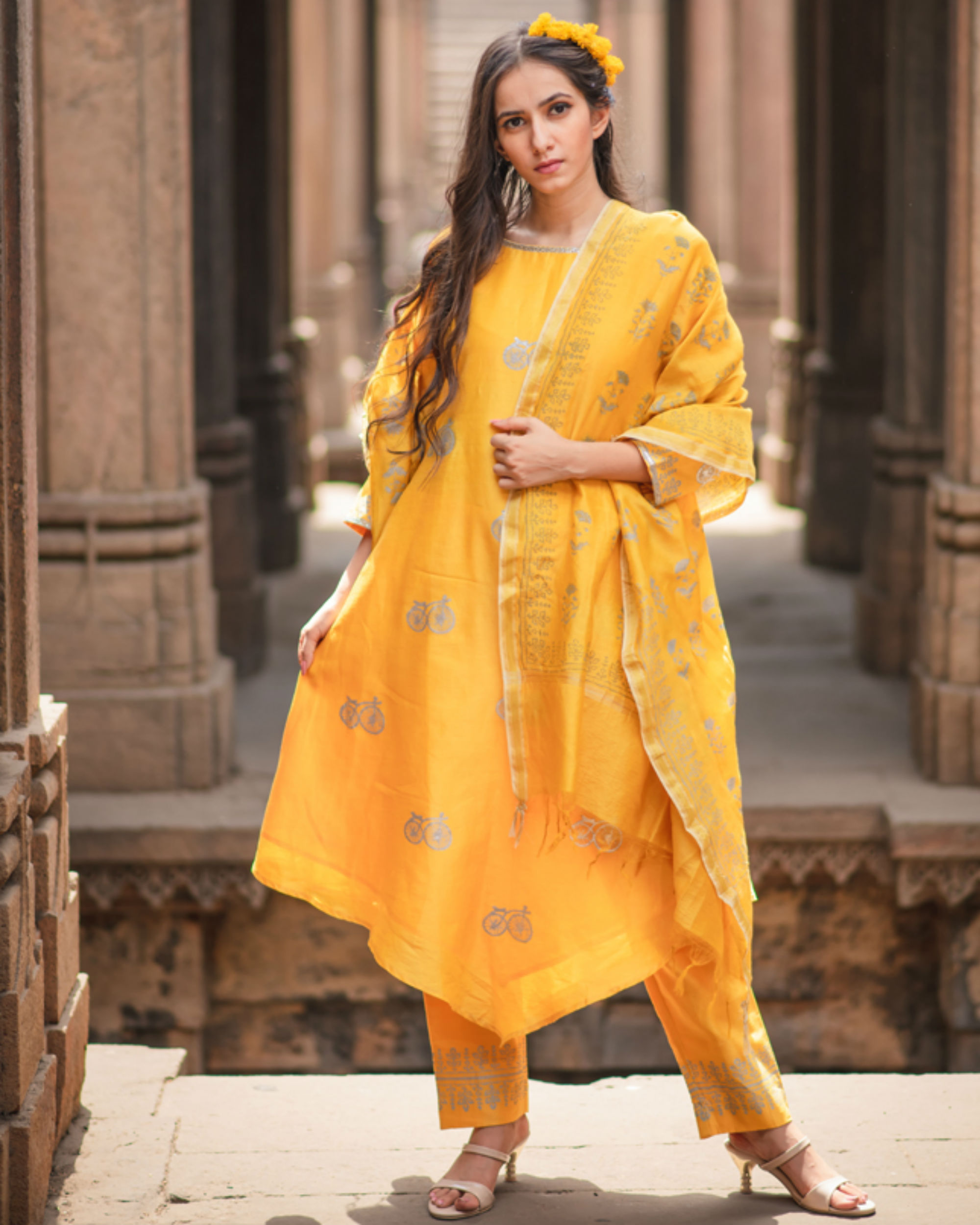 Mustard Printed Kurta Set With Dupatta By Purple Panchi The Secret Label