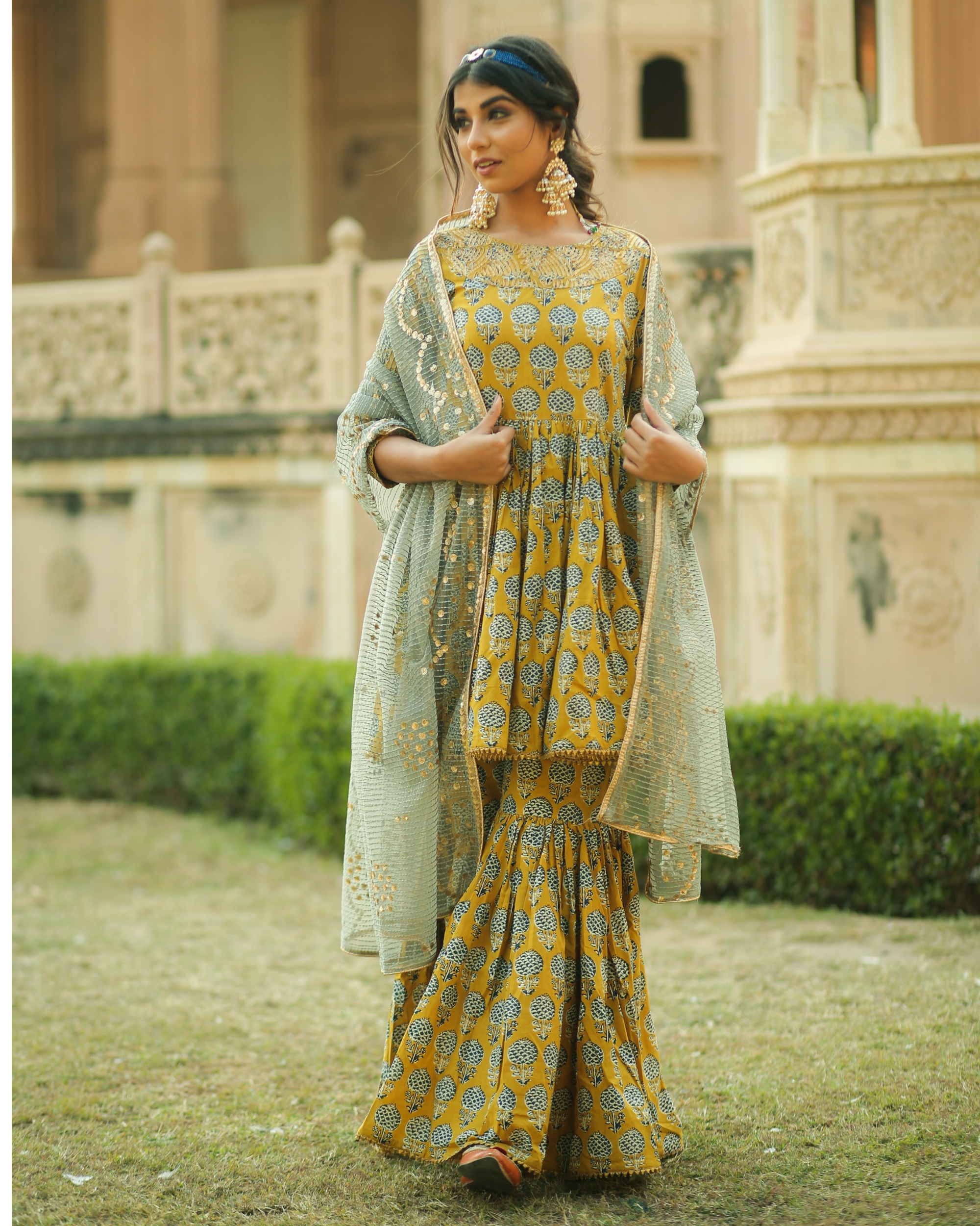 Mustard Yellow Printed Peplum Kurta And Sharara With Sequined Dupatta