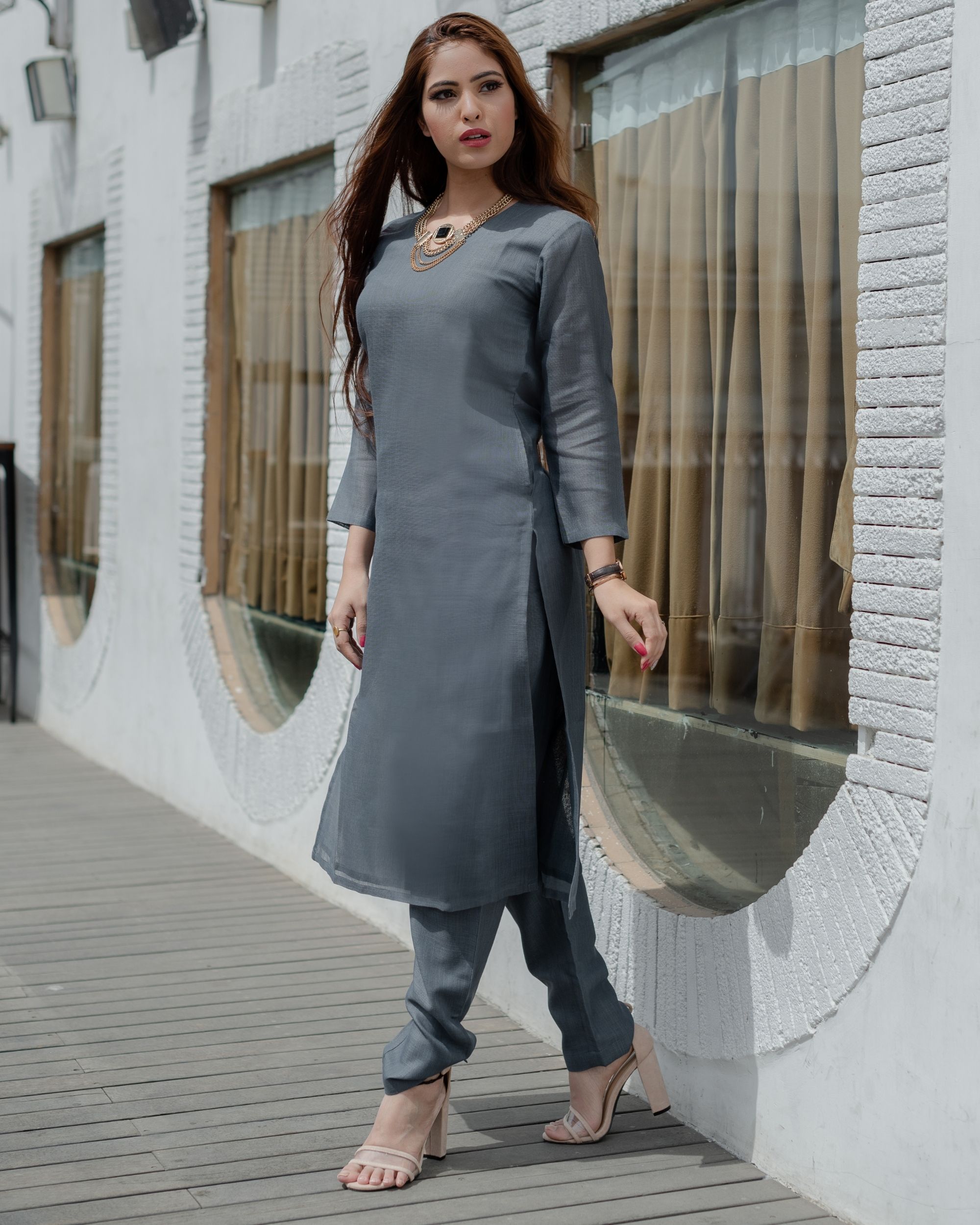 Grey Cotton Kurta And Tapered Pants Set Of Two By Half Full Half