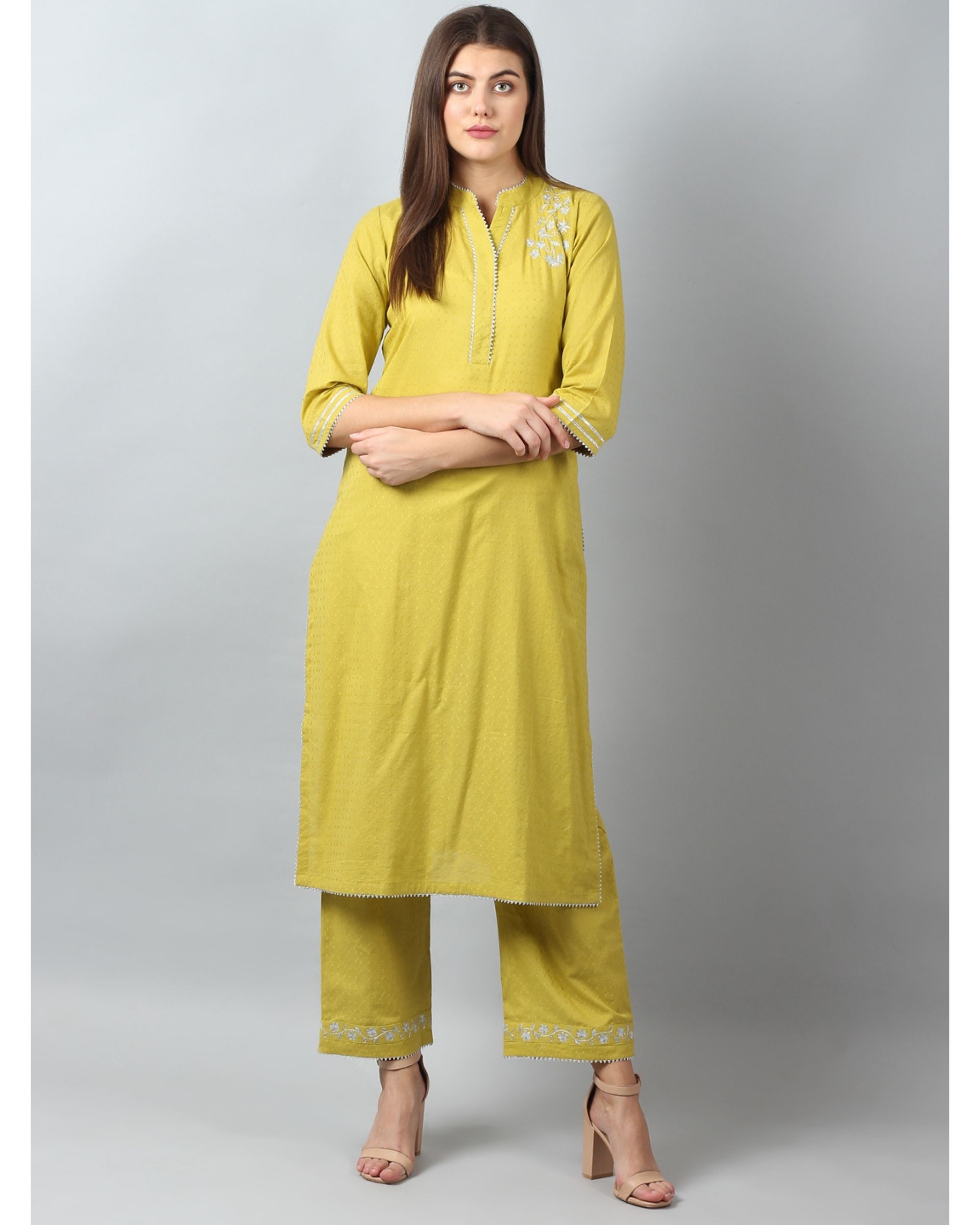 Chartreuse Embroidered Gota Kurta And Pants Set Of Two By Dart