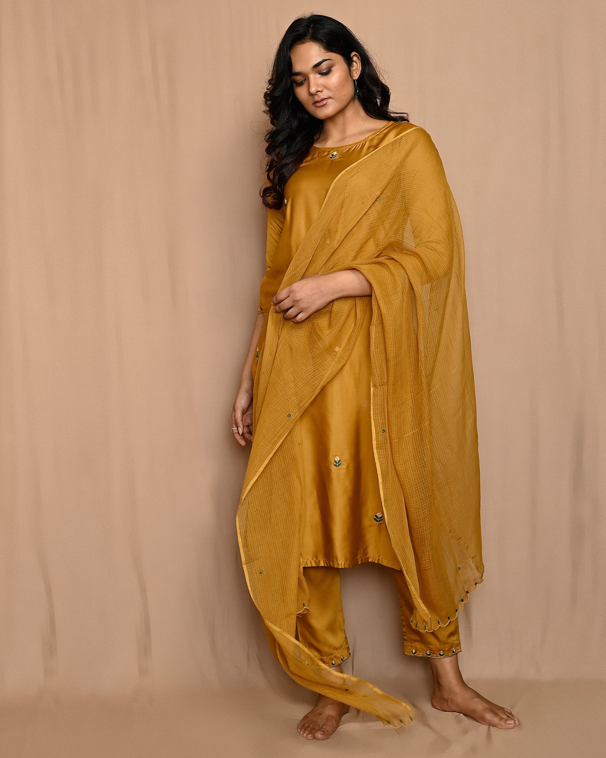 Mustard Yellow Embroidered Kurta With Straight Pants And Dupatta Set