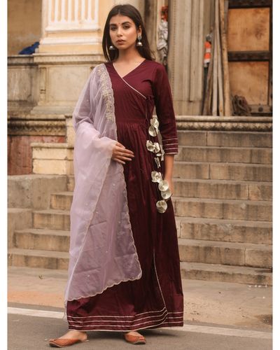 Maroon Angrakha Tasseled Dress With Dupatta Set Of Two By Chokhi