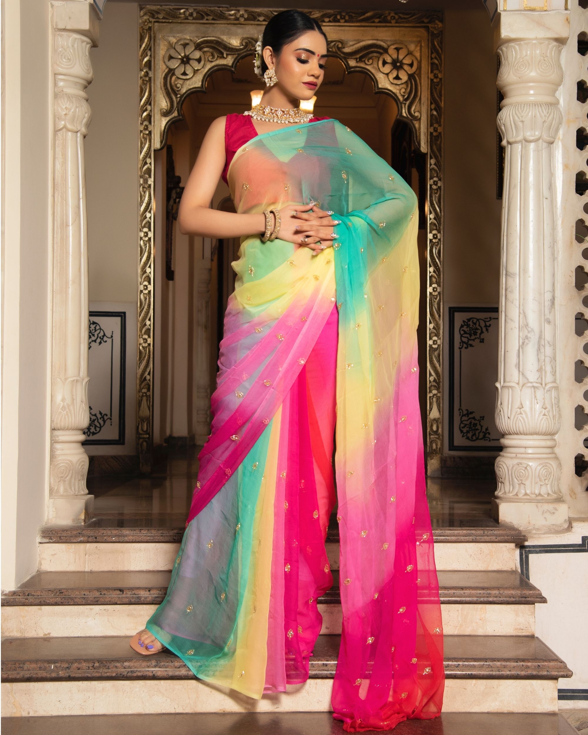 Multicolour Embroidered Pure Chiffon Saree By Calmna The Secret Label