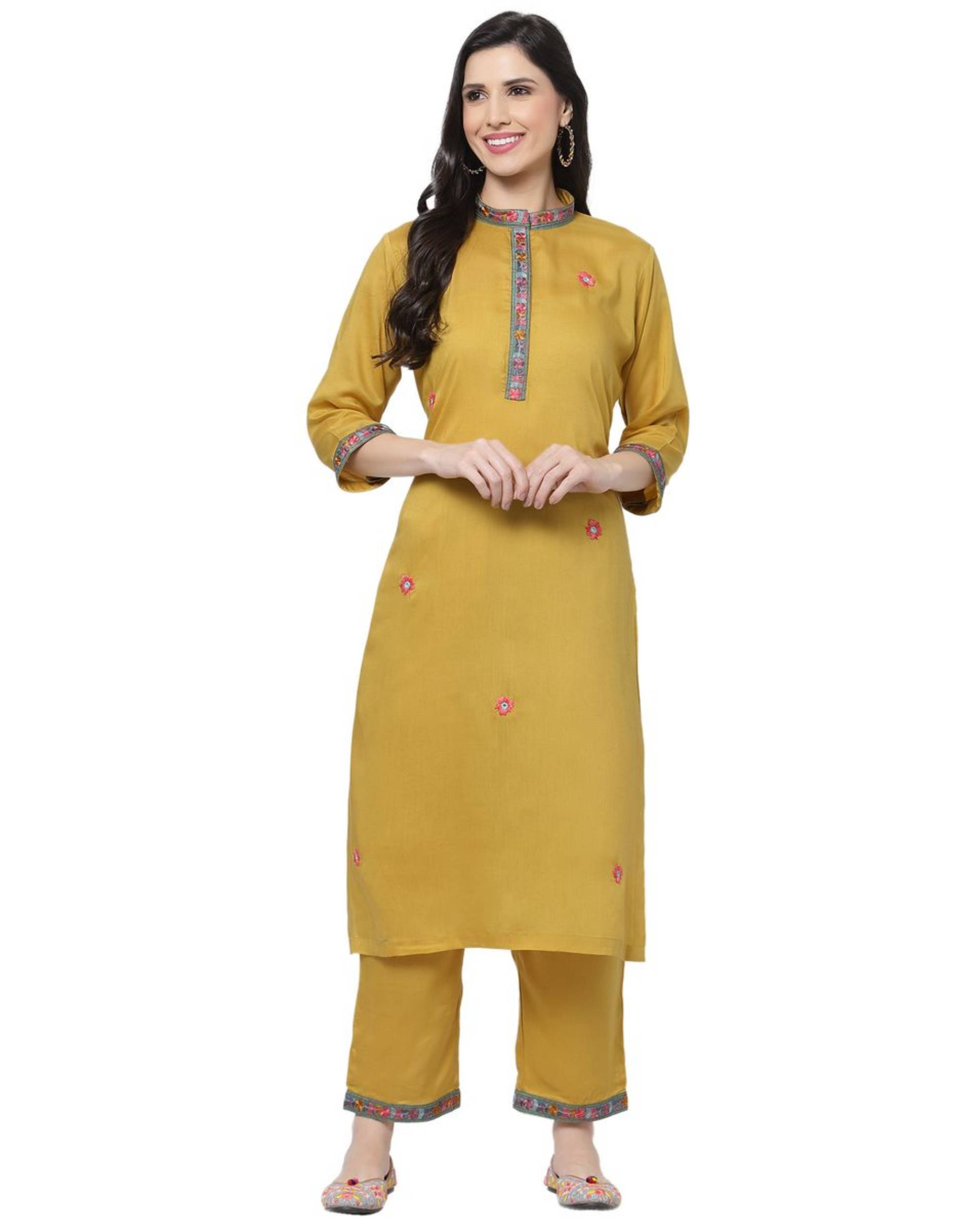 Mustard Yellow Floral Embroidered Kurta By Dart Studio The Secret Label