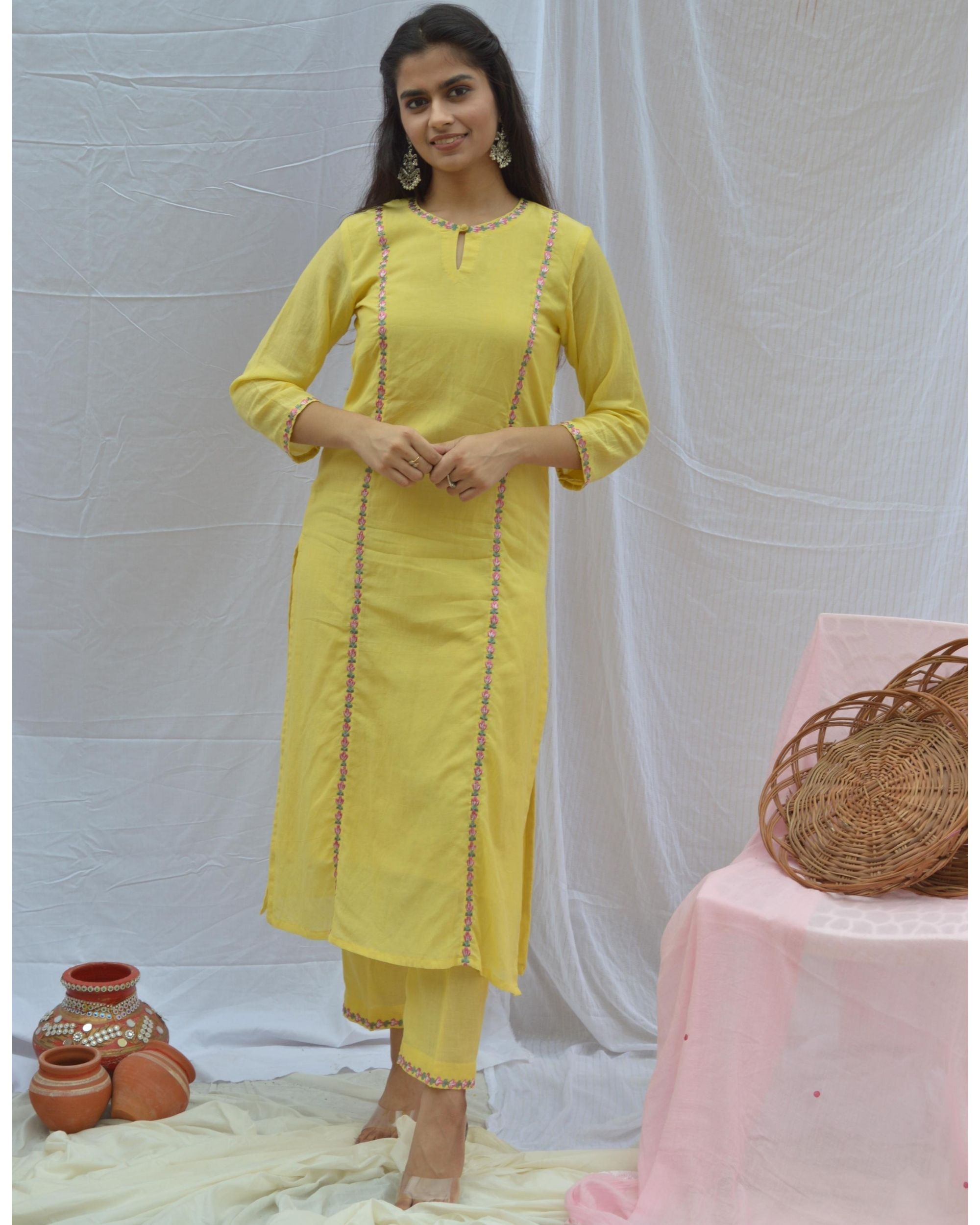 Yellow Embroidered Princess Cut Kurta And Pants With Dupatta Set Of