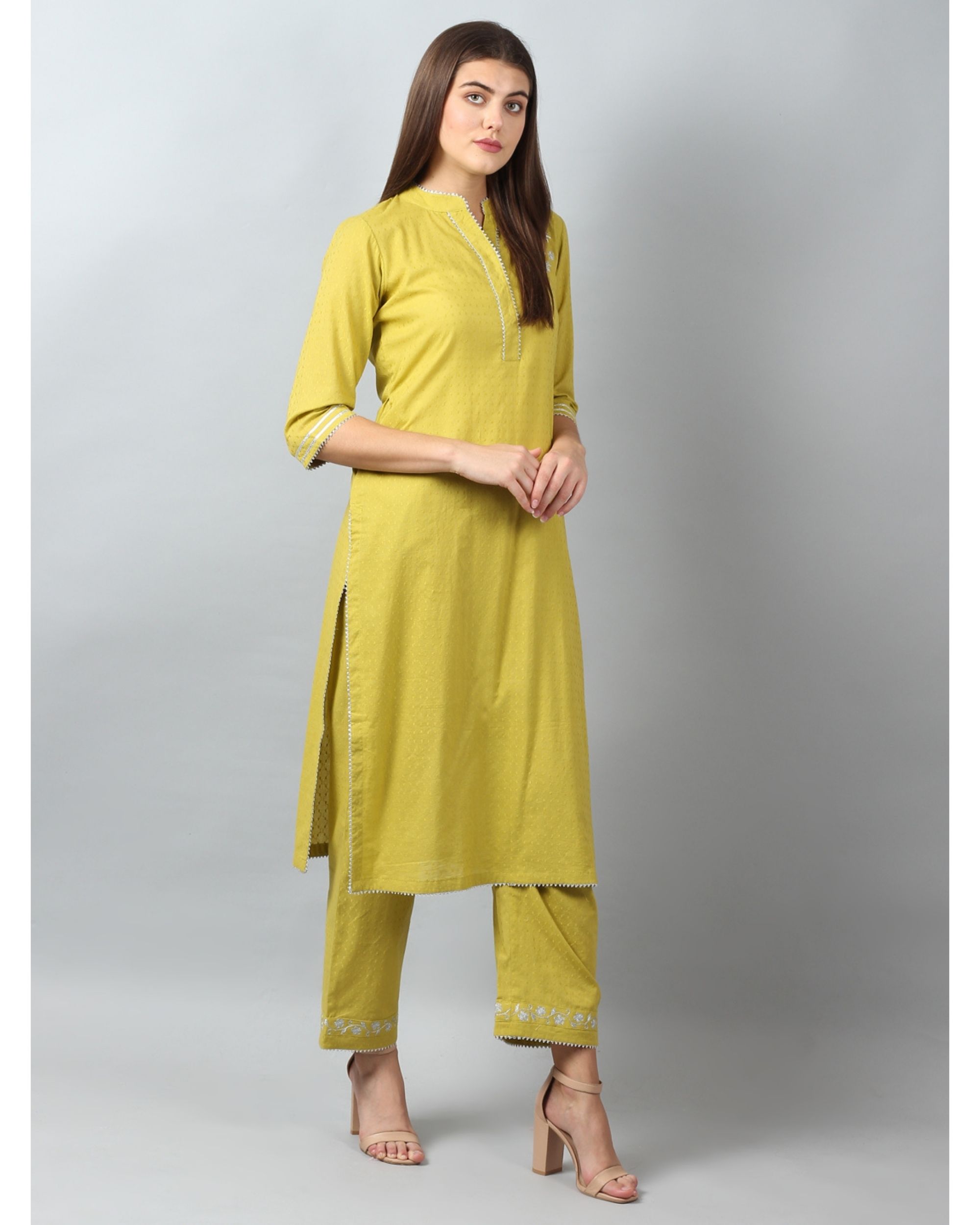 Chartreuse Embroidered Gota Kurta And Pants Set Of Two By Dart