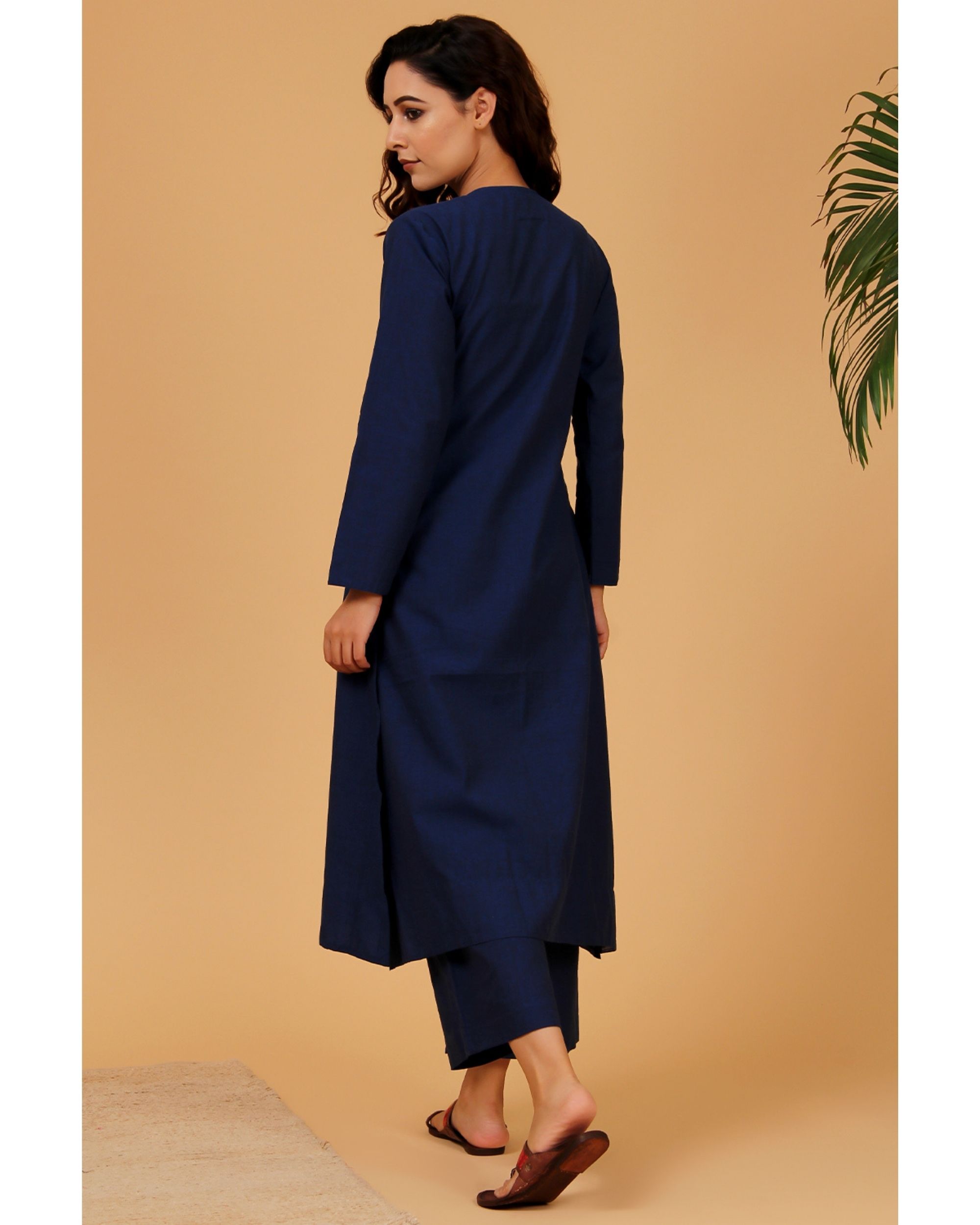 Navy Blue Embroidered Angrakha Kurta And Pants With Dupatta Set Of