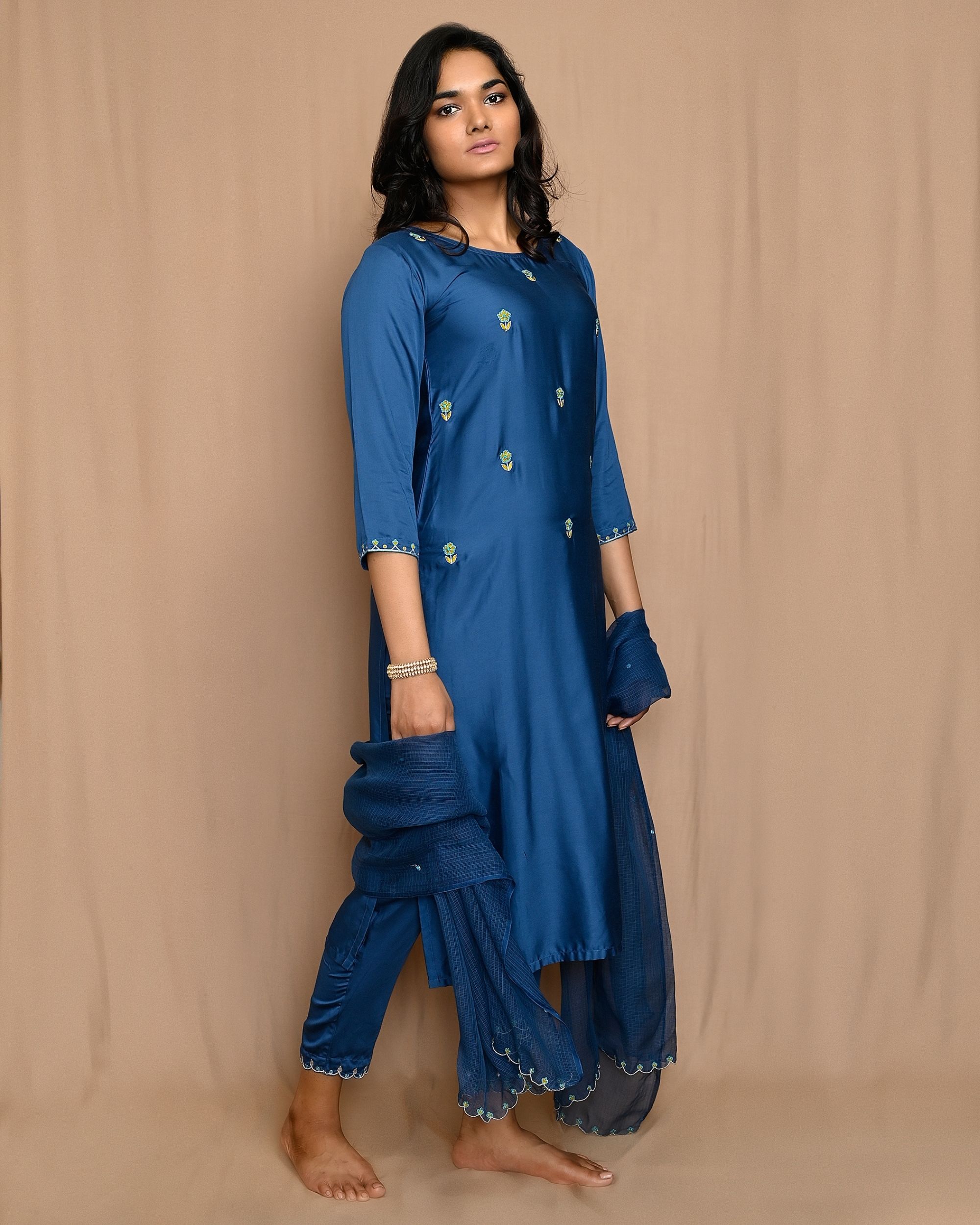 Blue Embroidered Kurta With Straight Pants And Dupatta Set Of Three