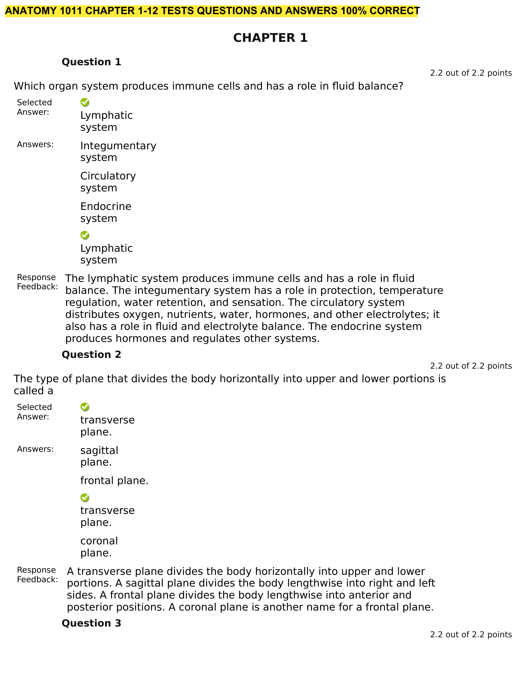 Test Bank Anatomy 1011 Chapter 1 12 Tests Questions And Answers 100