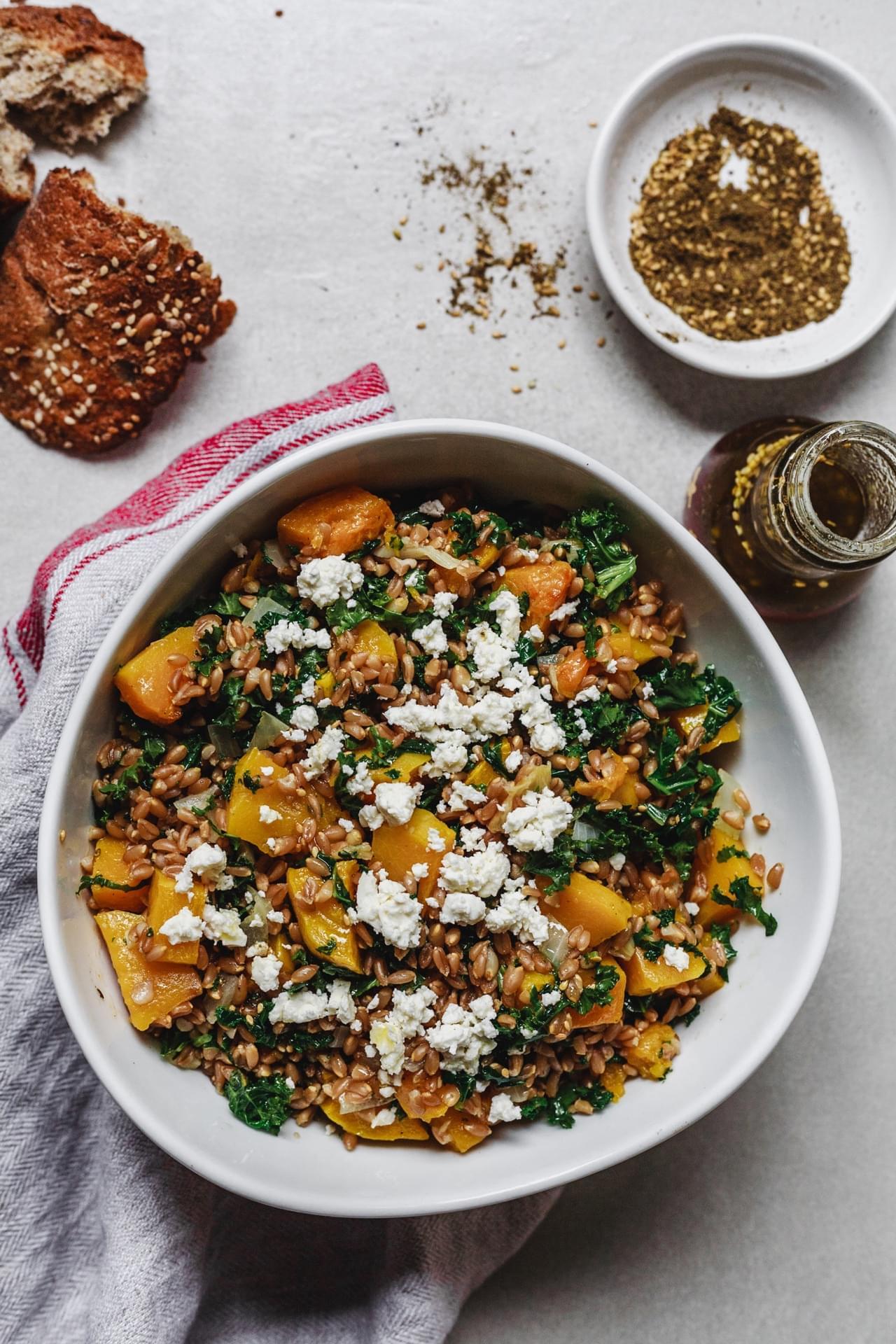 Roasted Butternut Squash Kale And Farro Salad With A Zaatar Dressing