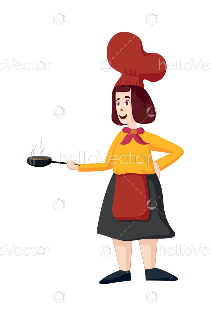 Female Chef Vector Woman Cook In Apron Standing With Frying Pan