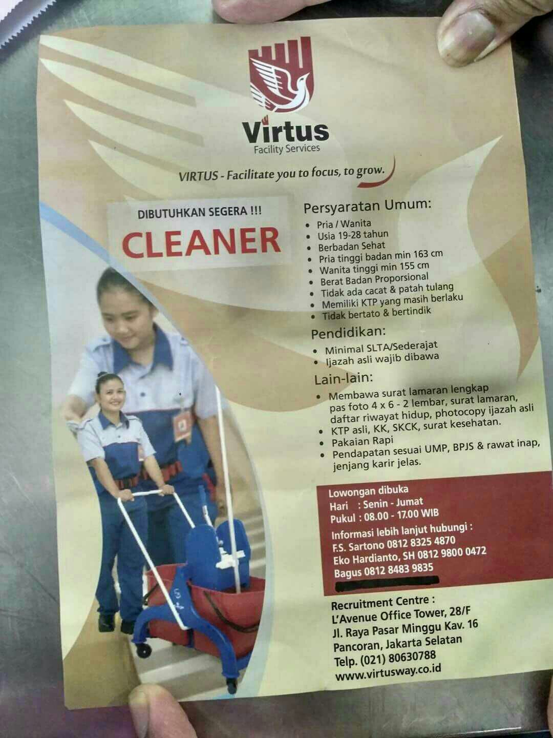 Lowongan Kerja Cleaner Cleaning Services Di Virtus Facility Services