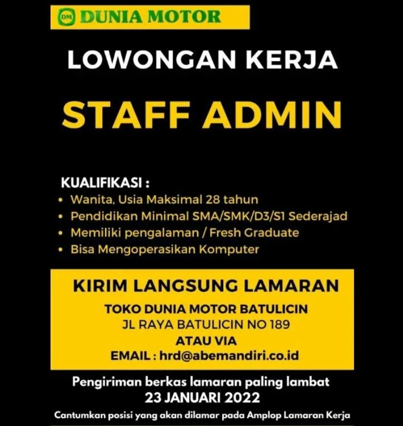 Lowongan Kerja Staff Admin Atmago