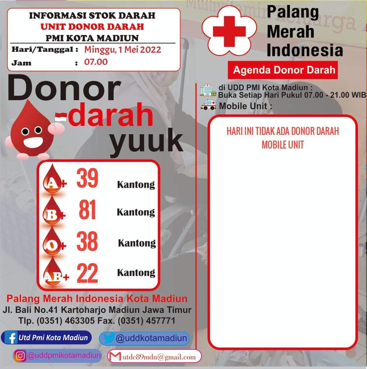 Informasi Stok Darah Unit Donor Darah Pmi Kota Madiun 1 Mei 2022 Atmago