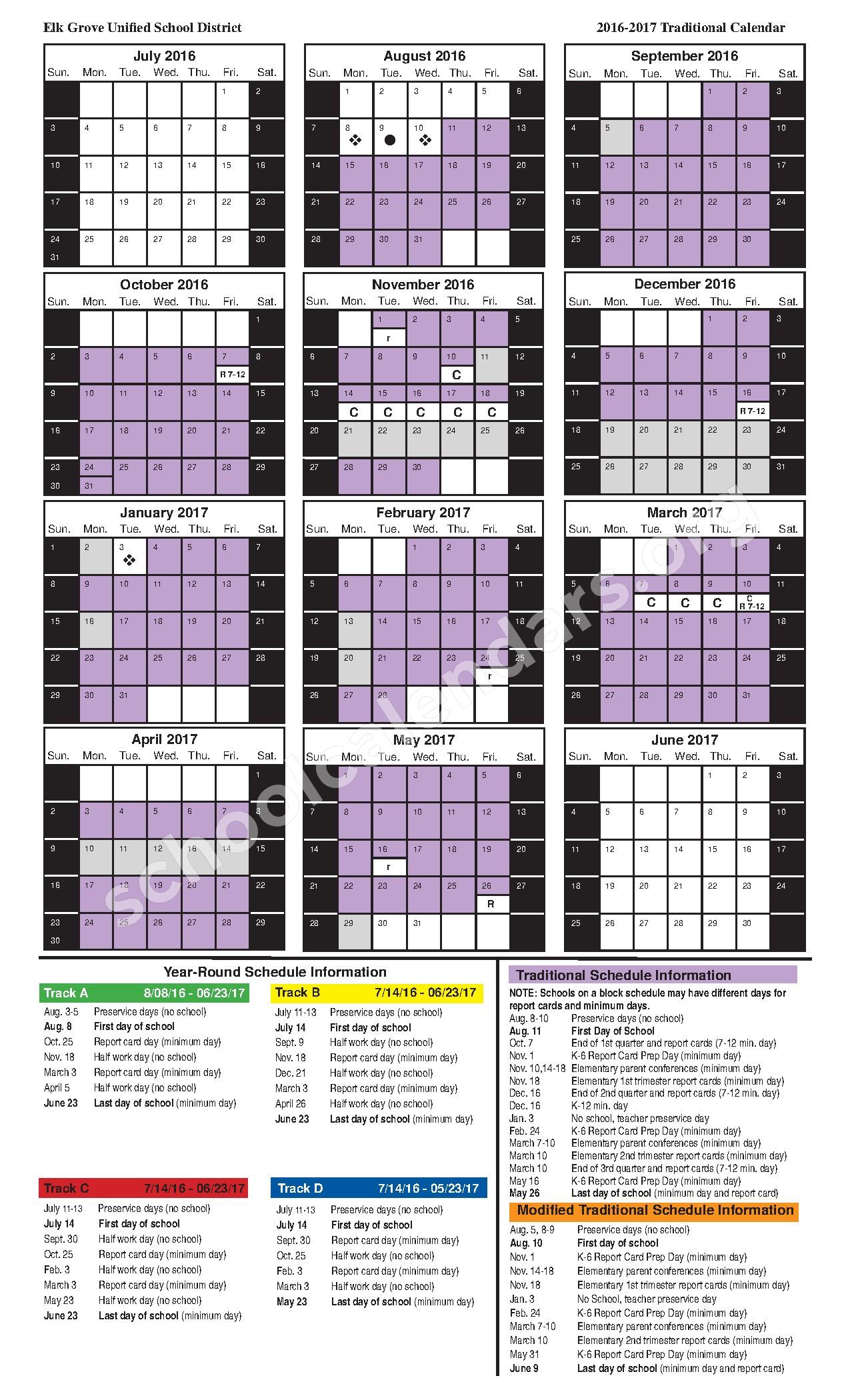 2016 2017 Traditional Calendar Elk Grove Unified School District