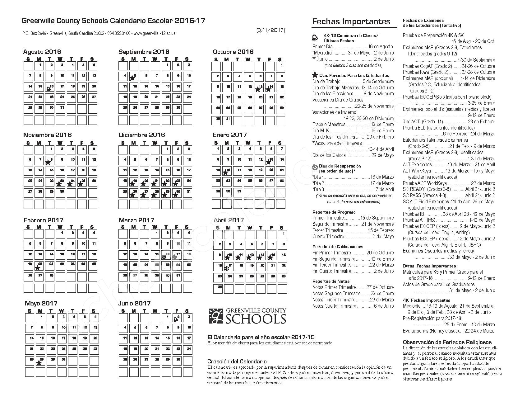 2016 2017 Calendario Escolar Greenville County School District