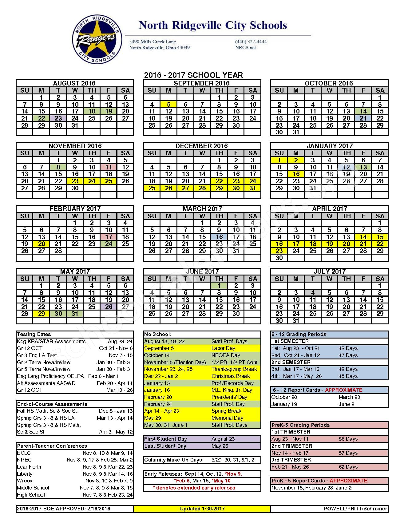 2016 2017 School Calendar North Ridgeville City Schools North