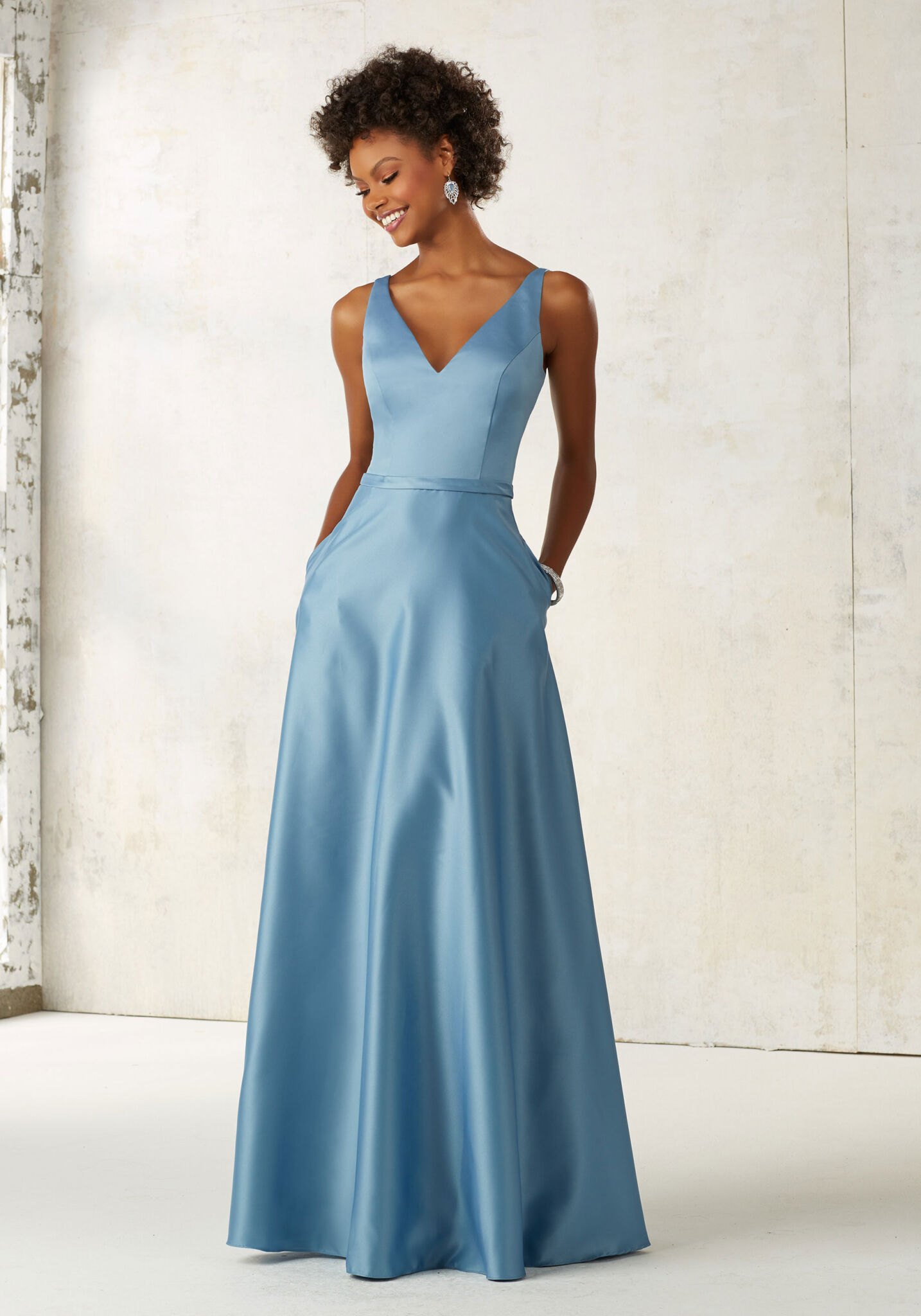 Satin Bridesmaids Dress With V Neck And Pockets Morilee