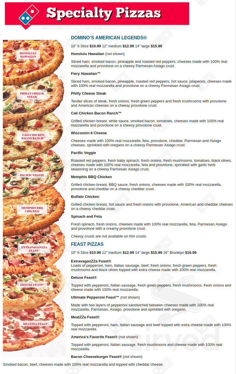 Dominos Printable Menu