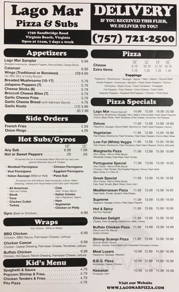 Lago Mar Pizza Menu In Virginia Beach Virginia Usa