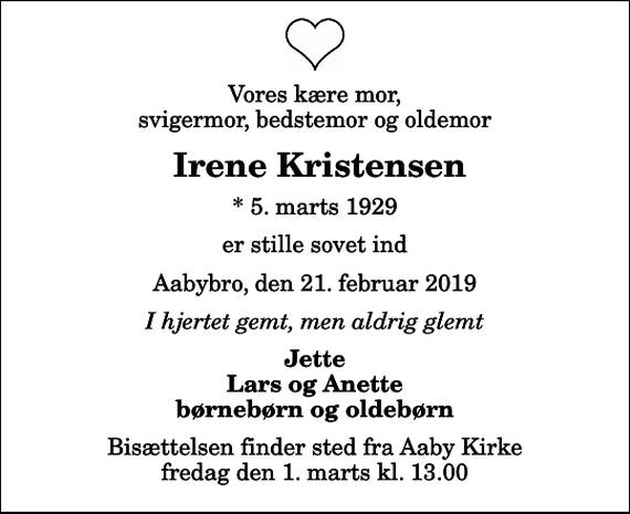 Karla Irene Kristensen Dødsannoncer I Danmark