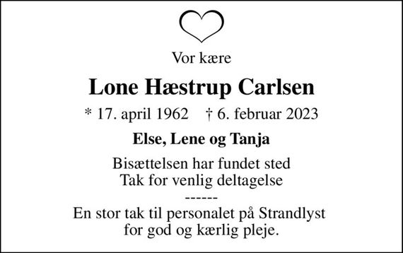 Lone Hæstrup Carlsen Dødsannoncer I Danmark